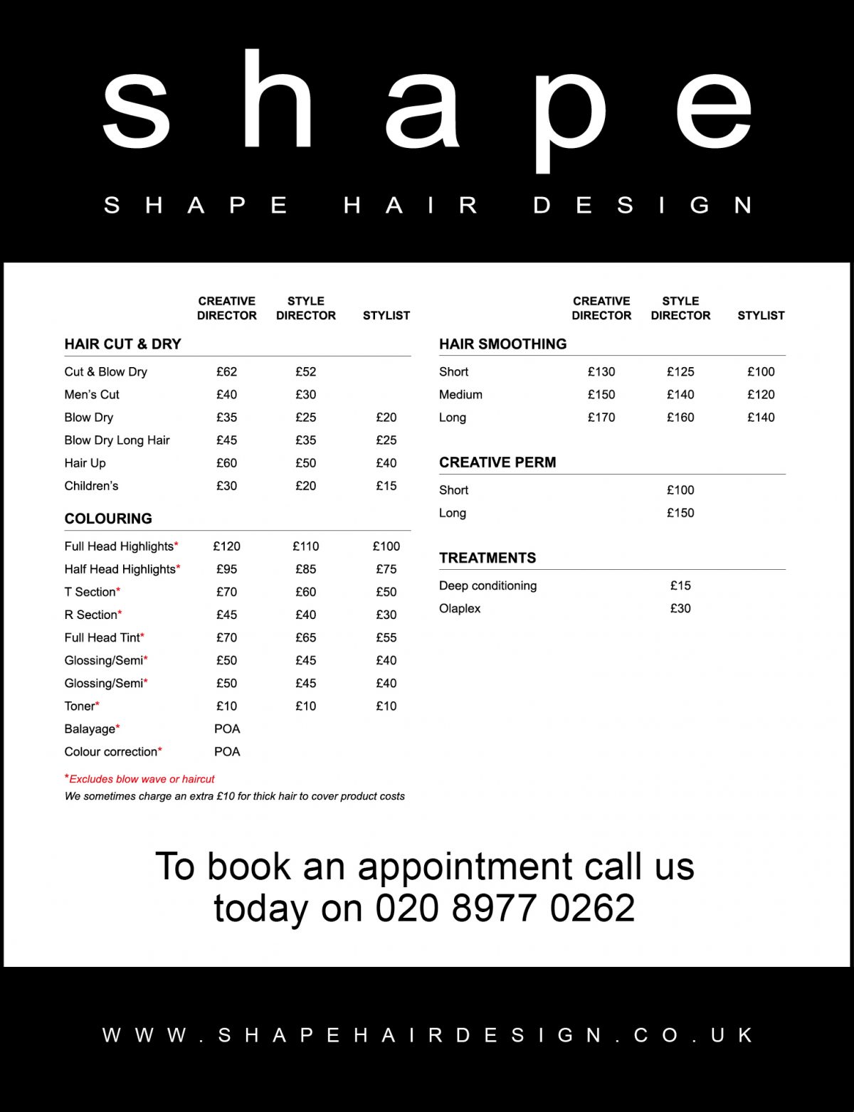 Hairdressing Prices - Shape Hair Salon Teddington